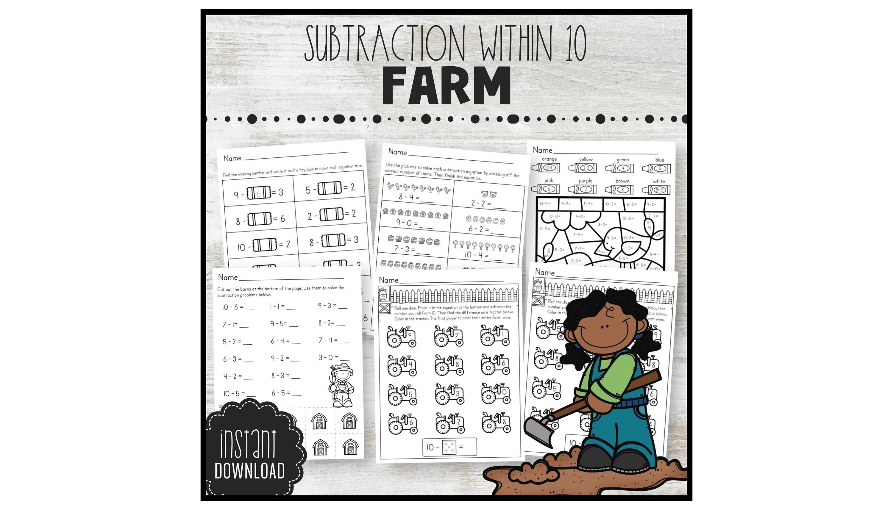 Printable Subtraction Worksheets Farm Theme | Kindergarten Math ...