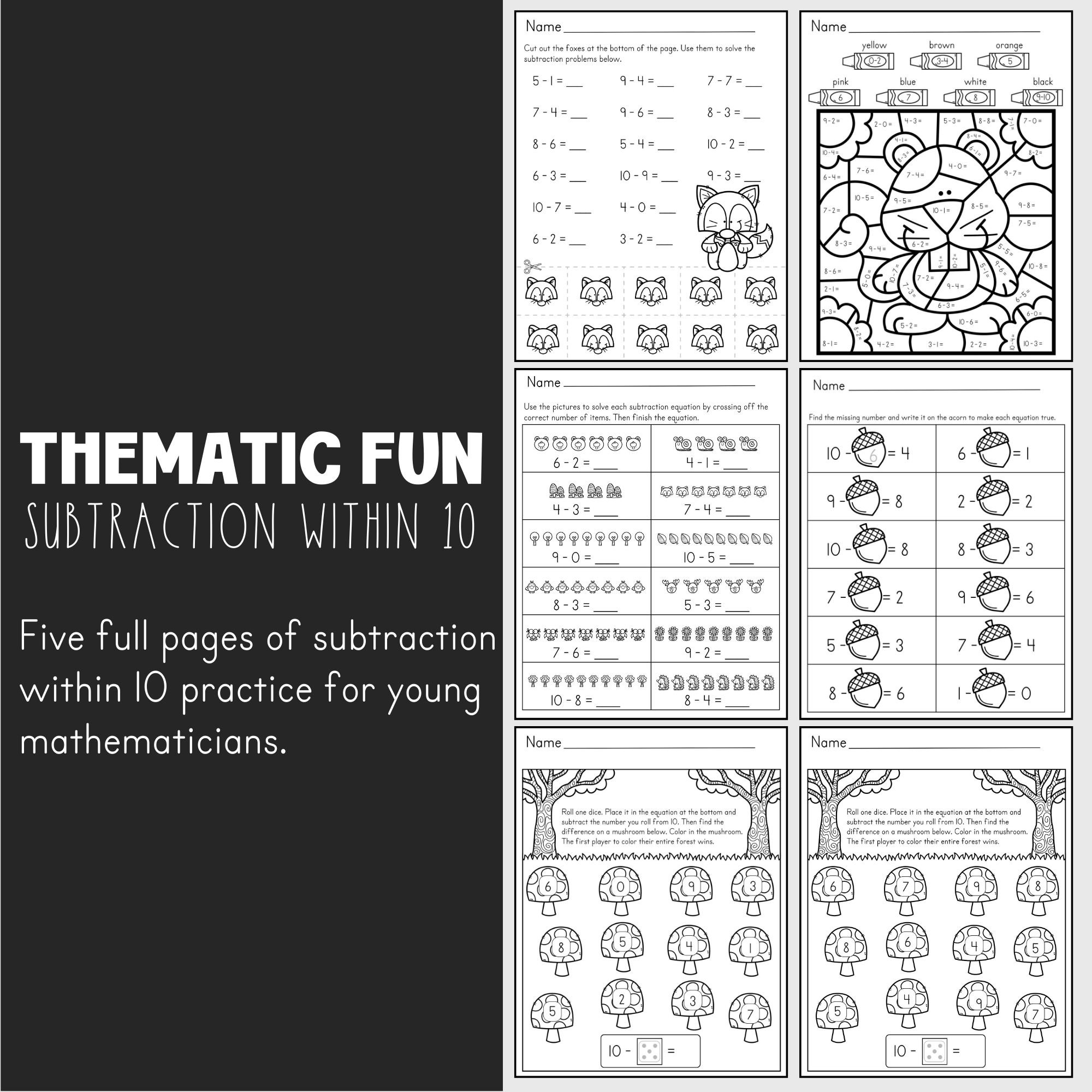 Printable Subtraction Worksheets Woodland Animal Theme Kindergarten ...