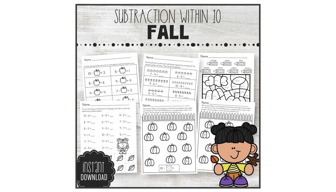 Printable Fall Math Worksheets Subtraction Within 10, INSTANT DOWNLOAD ...