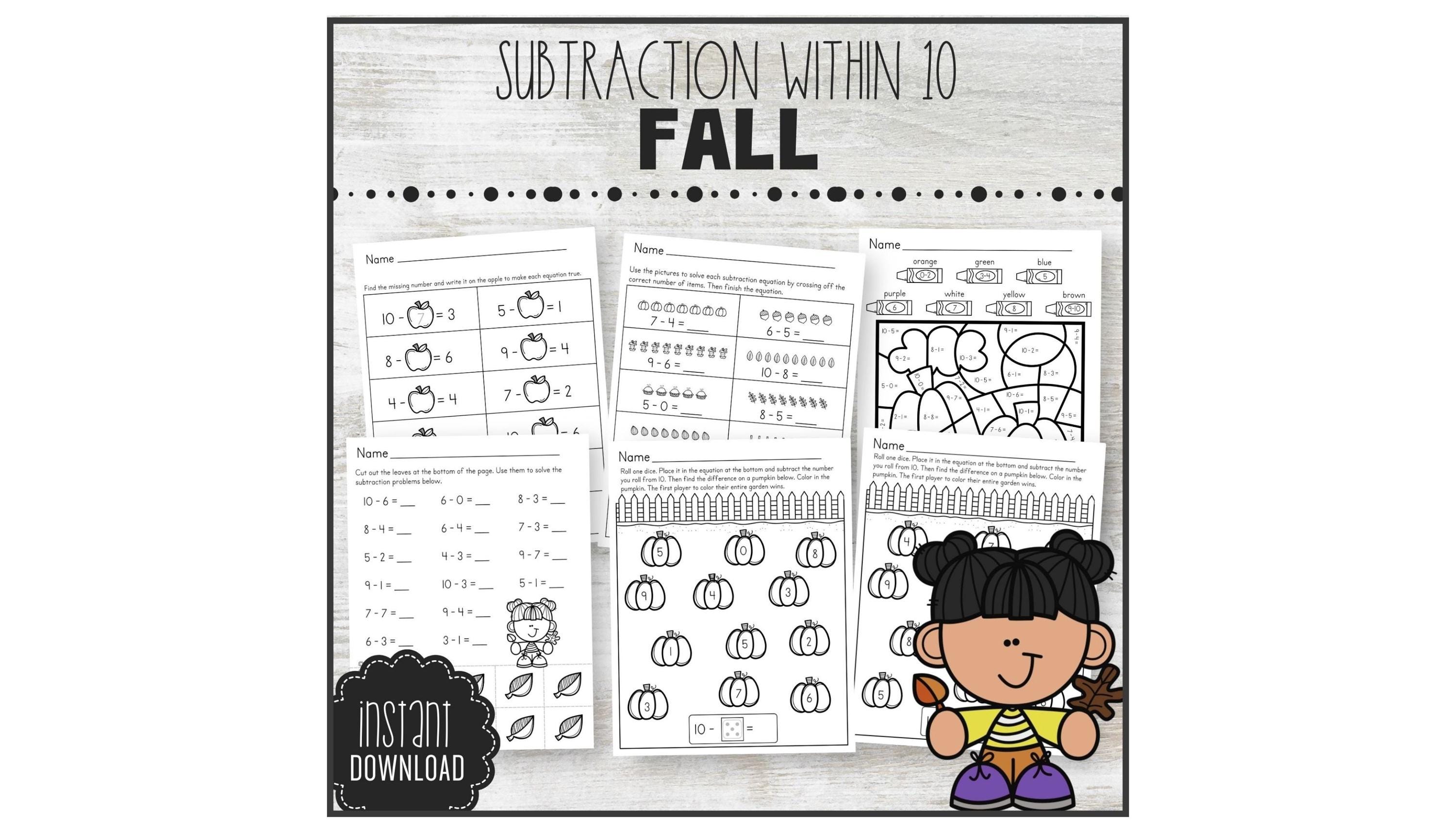 Printable Fall Math Worksheets Subtraction Within 10, INSTANT DOWNLOAD ...