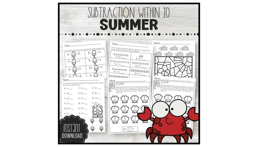 Printable Kindergarten Subtraction Worksheets Summer Math | INSTANT ...