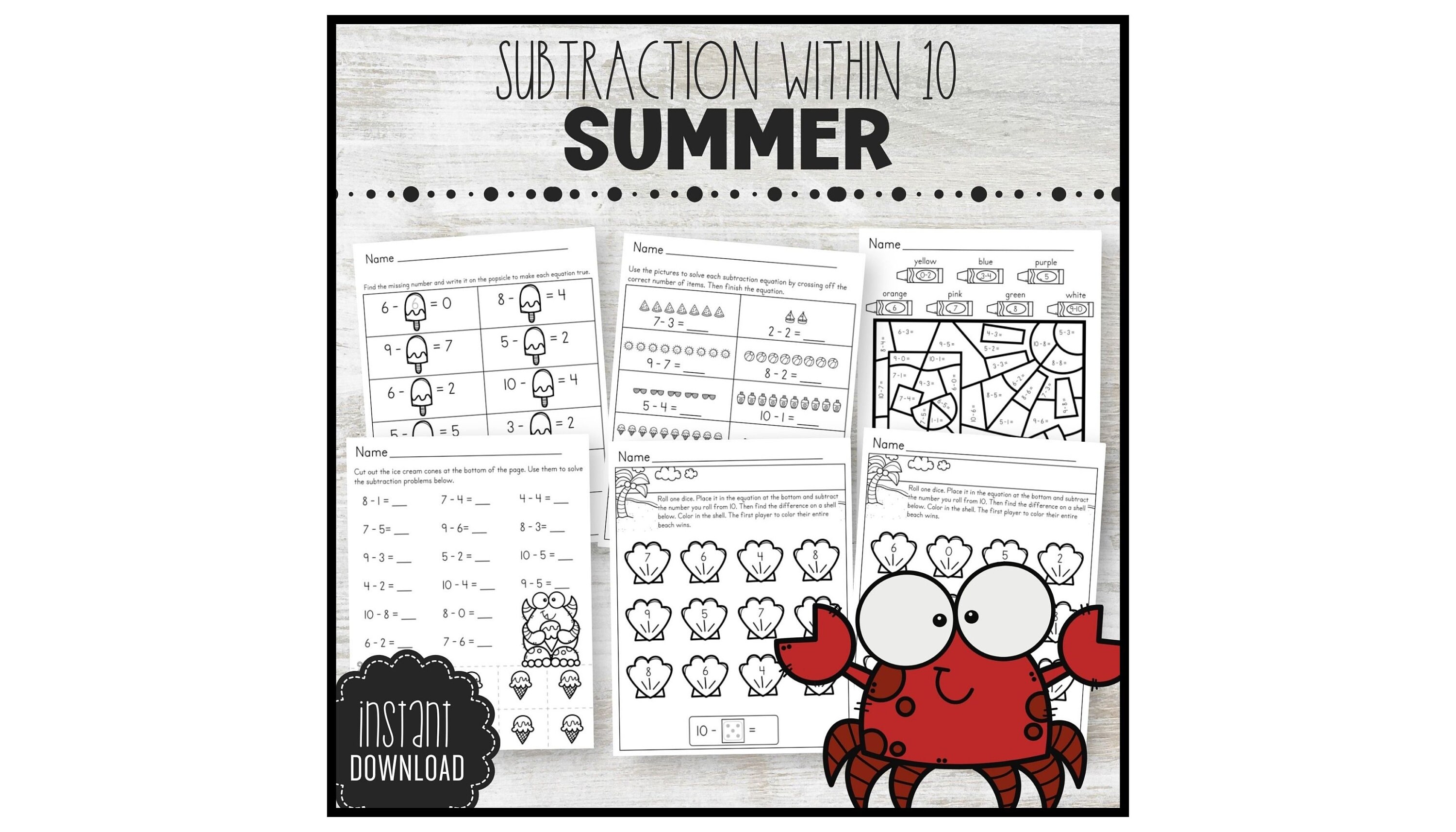 Printable Kindergarten Subtraction Worksheets Summer Math INSTANT ...