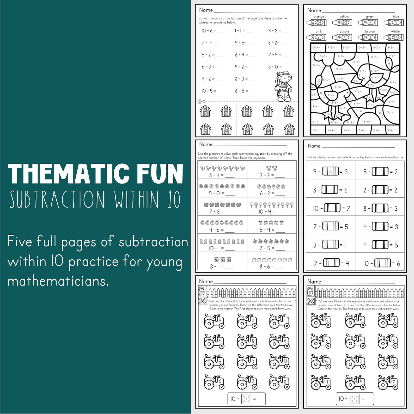 Printable Subtraction Worksheets Farm Theme | Kindergarten Math ...