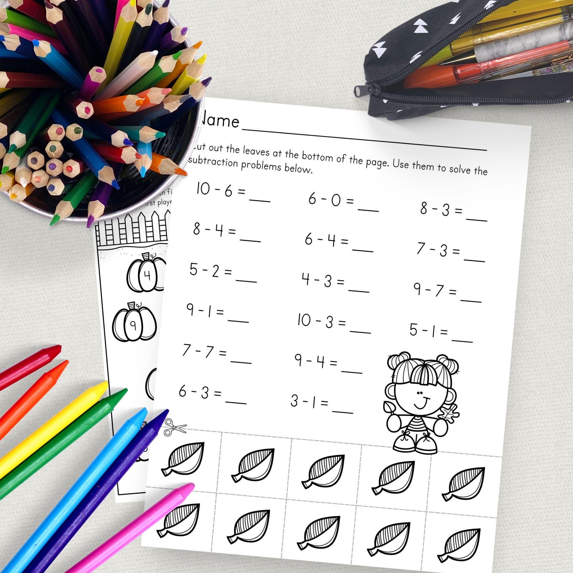 Printable Fall Math Worksheets Subtraction Within 10, INSTANT DOWNLOAD ...