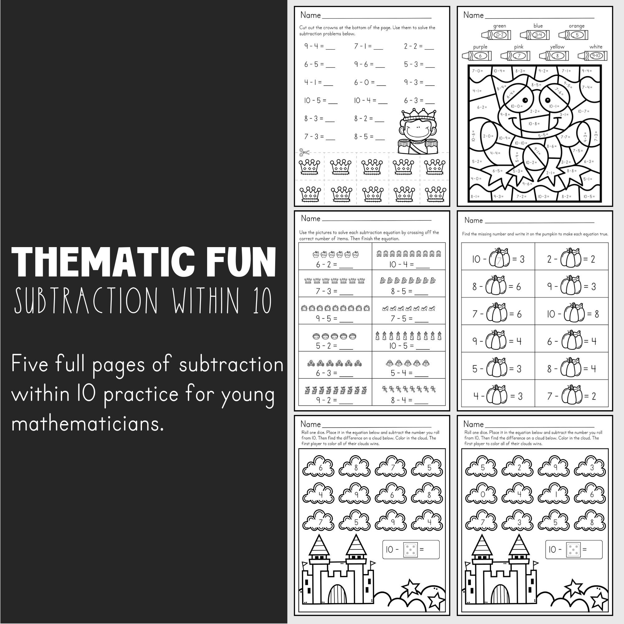 Printable Subtraction Worksheets Fairy Tale Theme Kindergarten Math ...