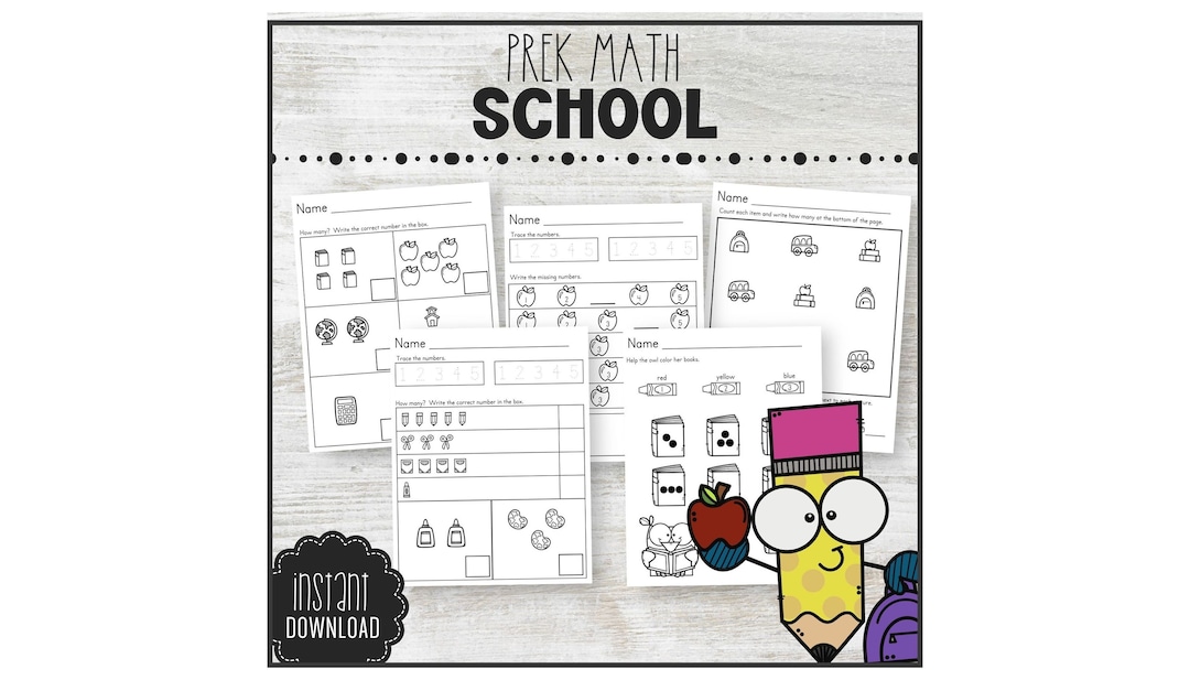 Preschool Printable Math Worksheets INSTANT DOWNLOAD School Theme ...