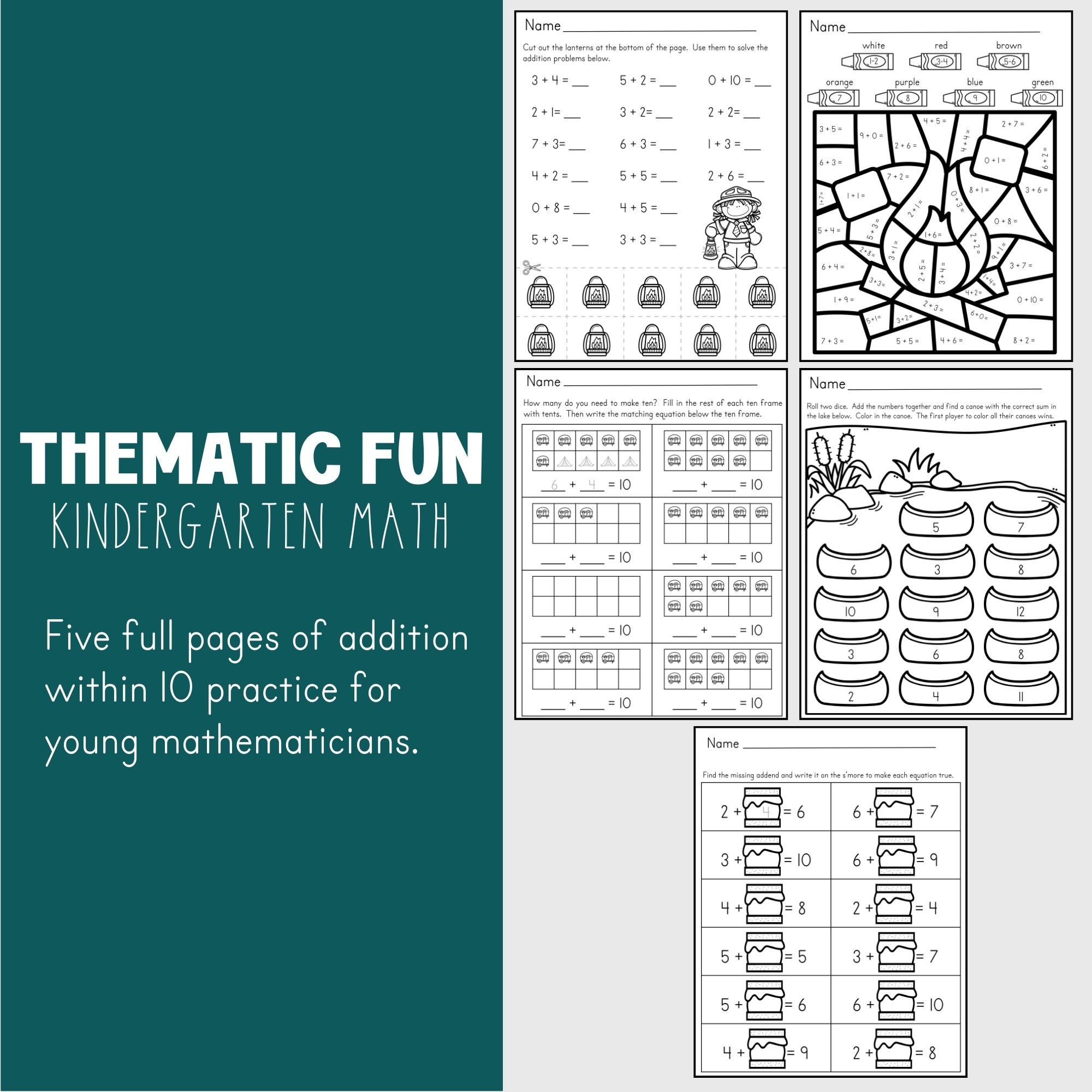 Math Activity Sheets Camping Theme INSTANT DOWNLOAD Kindergarten ...