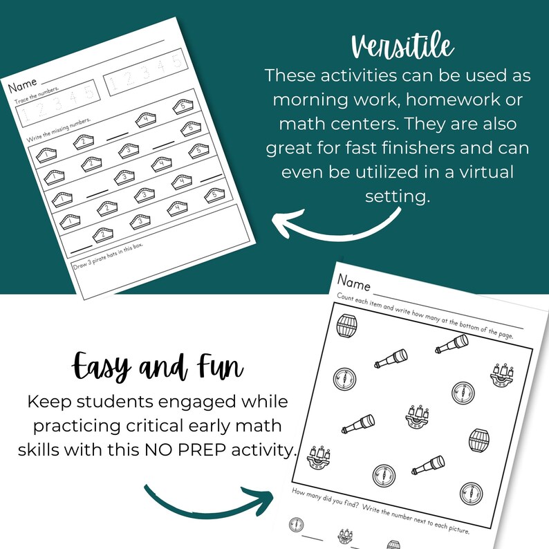 Preschool Printable Math Worksheets INSTANT DOWNLOAD Pirate Counting 1 ...