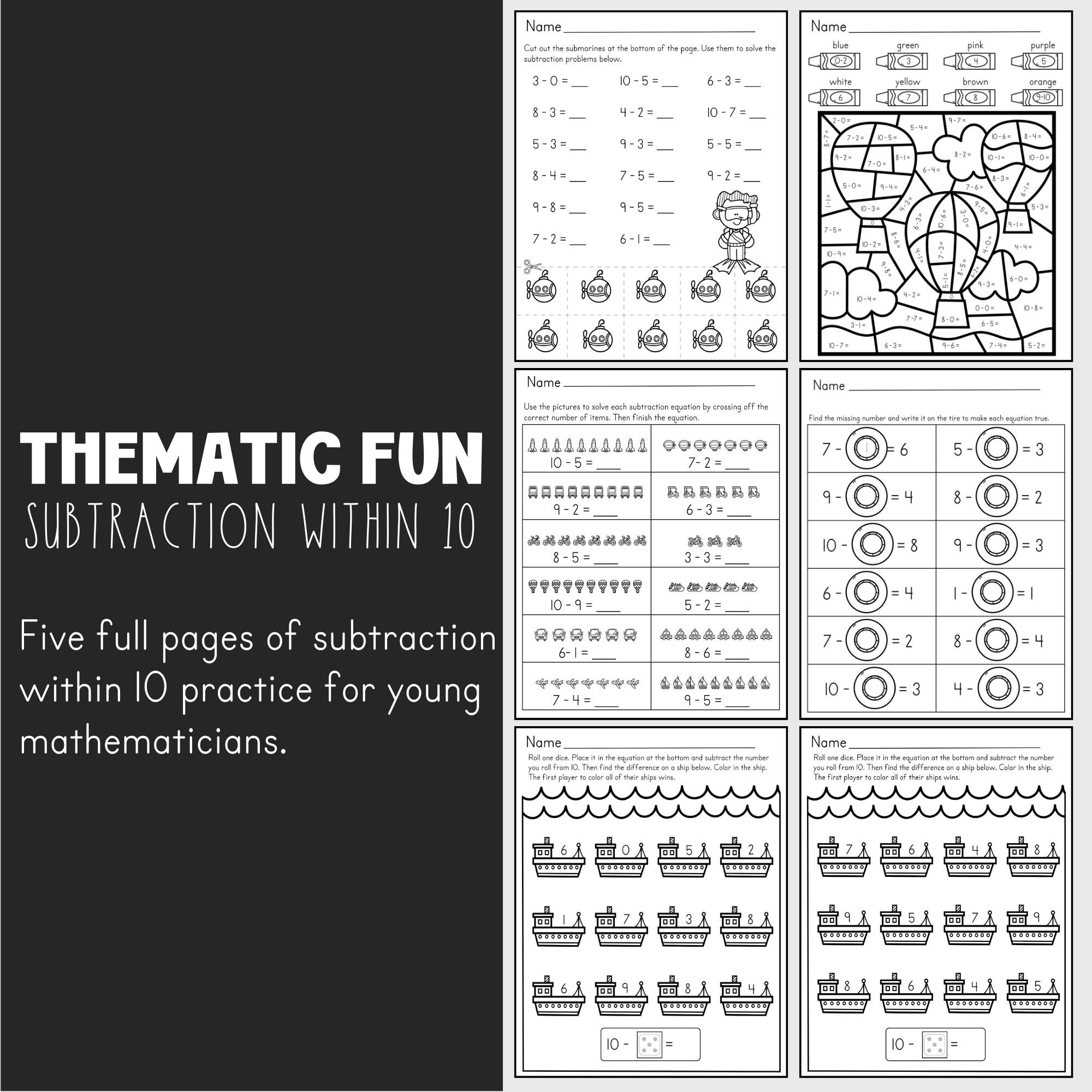 Printable Subtraction Worksheets Transportation Theme Kindergarten Math ...