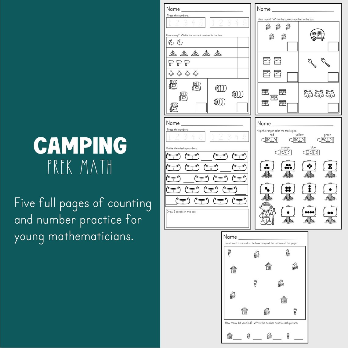 Preschool Printable Math Worksheets INSTANT DOWNLOAD Camping Counting ...