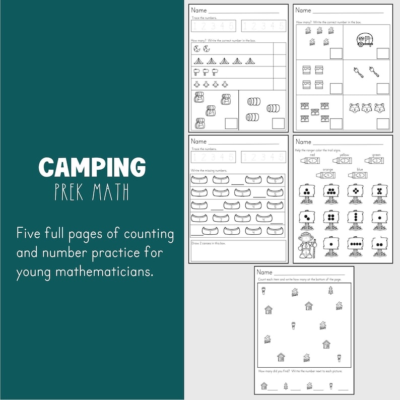 Preschool Printable Math Worksheets INSTANT DOWNLOAD Camping Counting ...