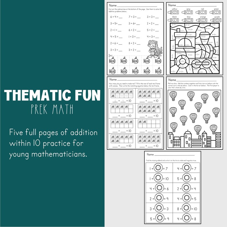 Math Activity Sheets Transportation Theme INSTANT DOWNLOAD Kindergarten ...