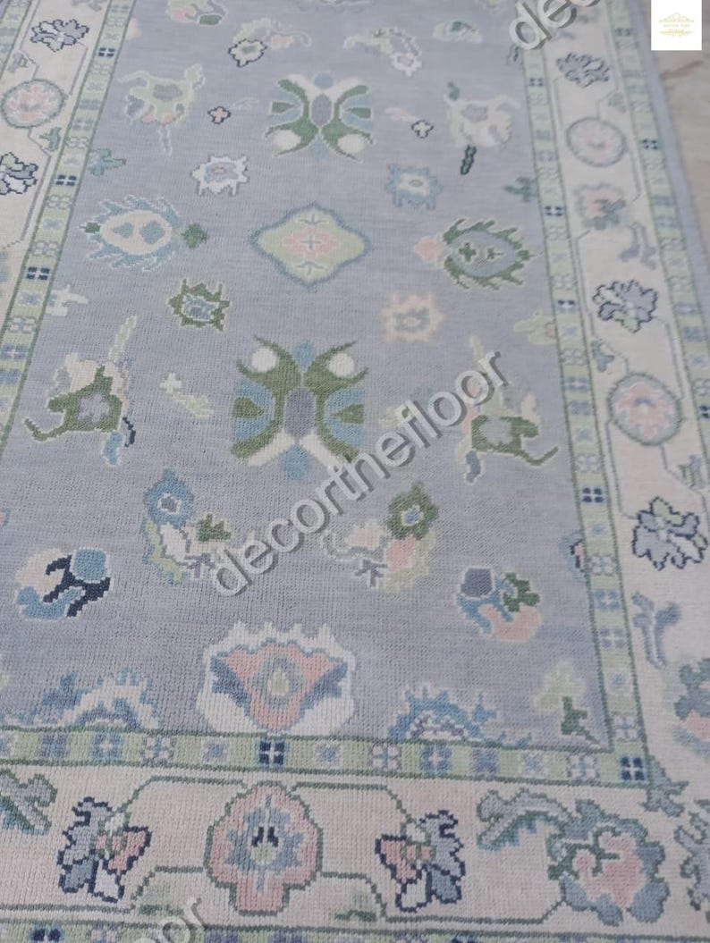 Hand-knotted Wool Oushak Rug: Blue, Sage, Geometric, Made to Order - Etsy