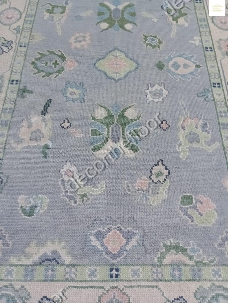 Hand-knotted Wool Oushak Rug: Blue, Sage, Geometric, Made to Order - Etsy