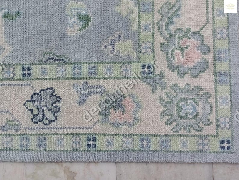 Hand-knotted Wool Oushak Rug: Blue, Sage, Geometric, Made to Order - Etsy
