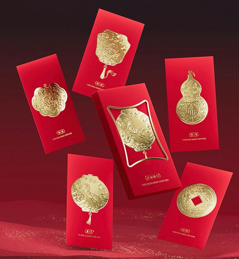 Custom (add Logo & Text) 20 Boxes Embossed Gold Foil Red Envelopes 五福临门 ...