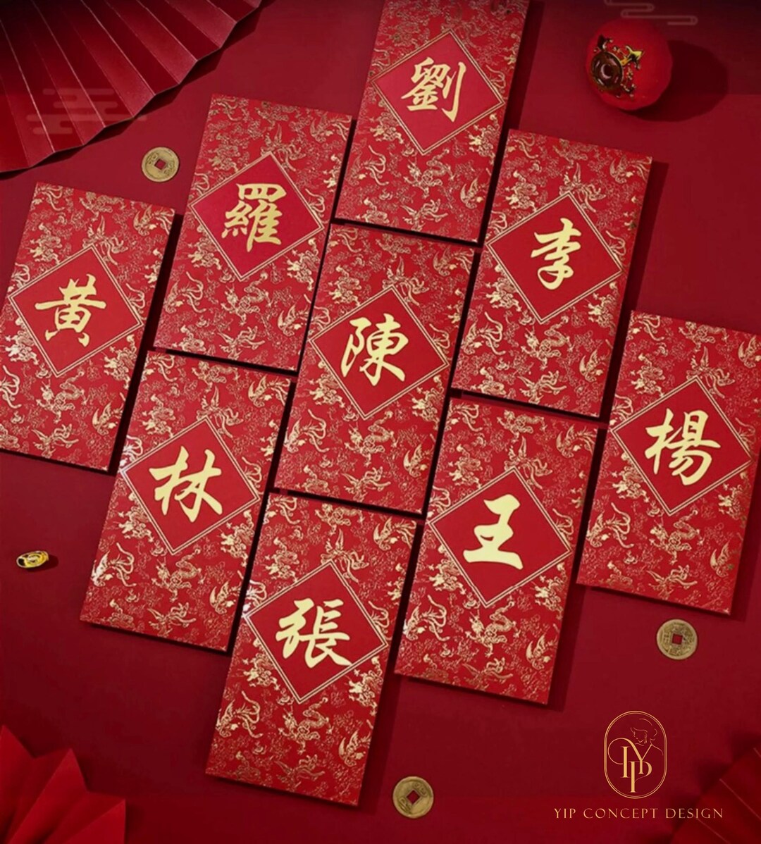 Pack of 30pcs Custom Hong Kong Surname Red Envelopes Dragon & Phoenix ...