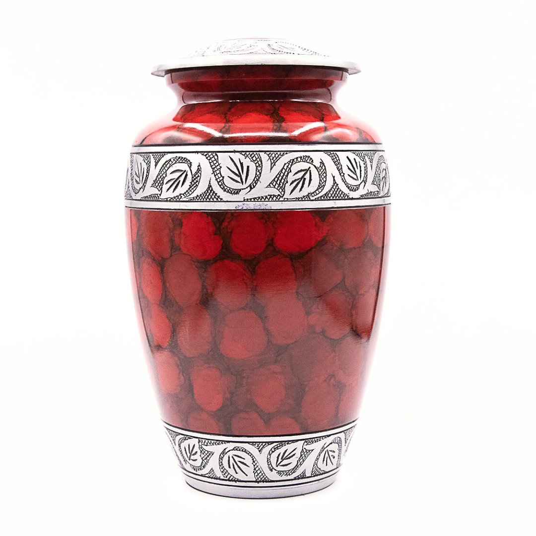Red and Silver Cremation Urn - 200 Cubic Inches, Metal Ashes Container ...