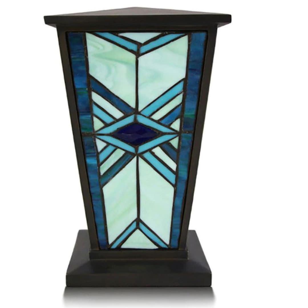 Mission Style Indigo Stained Glass Cremation Urn - Funeral Urn With FREE Matching Memorial Evite ...