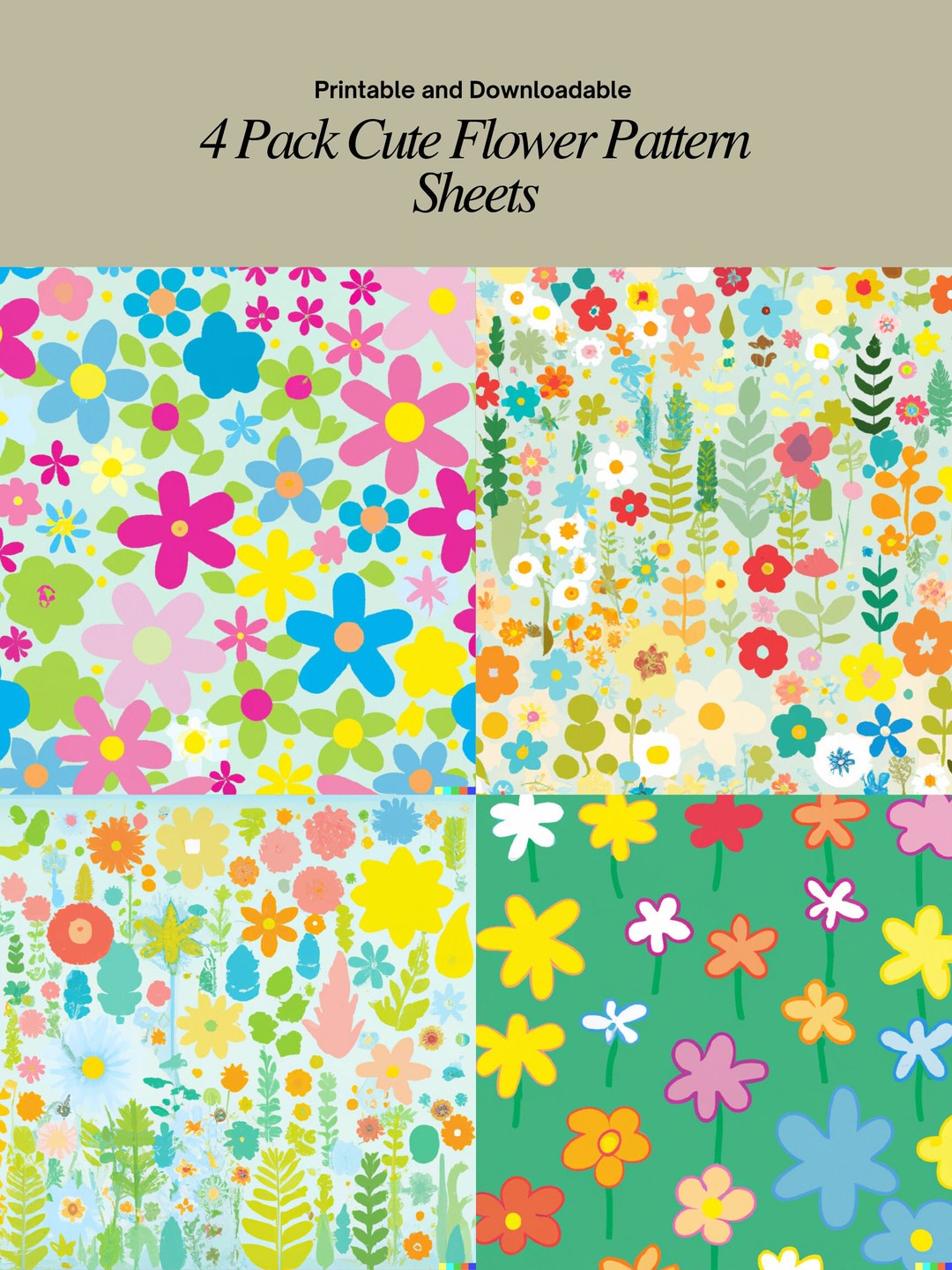 4-pack Cute Flowers Printable Downloadable Sheets - Etsy