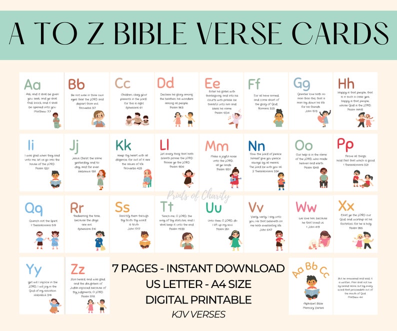 A to Z Kids Alphabet Bible Memory Verse Cards ABC Printable Flashcards ...