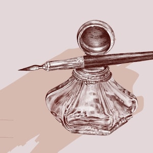 Antique Vintage Ink Pen Bottle Drawing, Scrapbook, Flower, Digital ...
