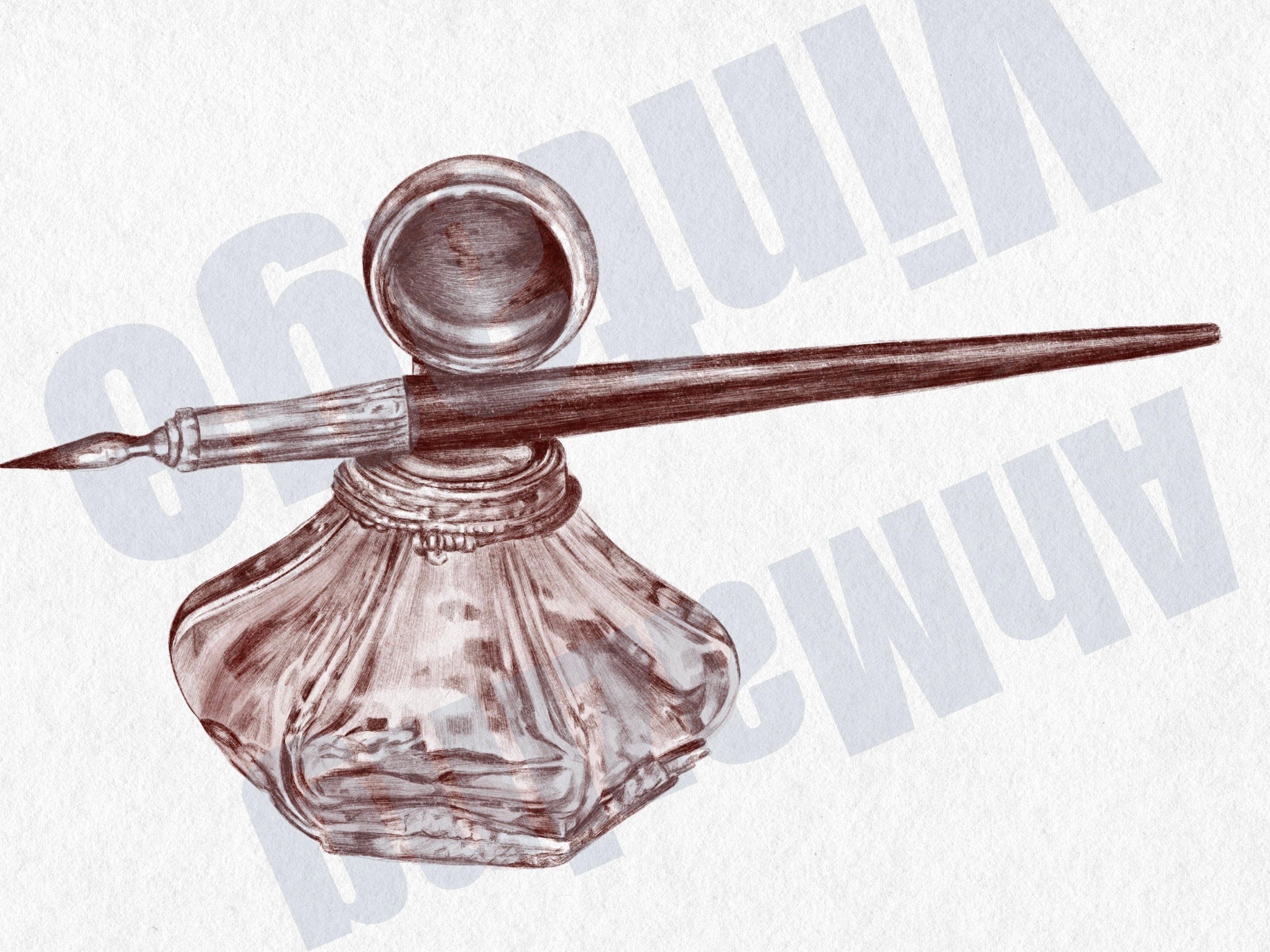 Antique Vintage Ink Pen Bottle Drawing, Scrapbook, Flower, Digital ...