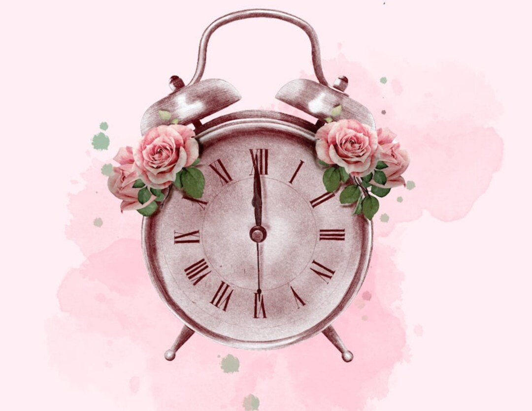 Vintage Old Alarm Clock Roses Drawing, Scrapbook, Digital Clipart ...