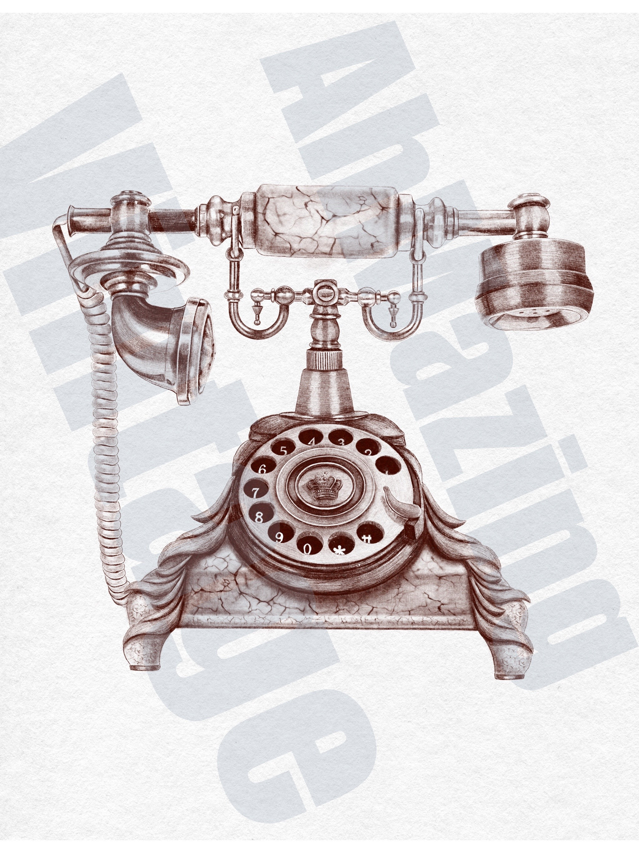 Vintage Old Telephone Drawing, Scrapbook, Digital Clipart, Instant ...