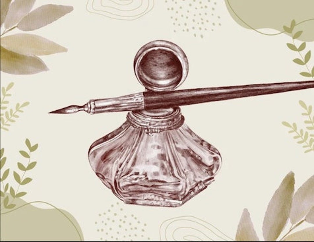 Antique Vintage Ink Pen Bottle Drawing, Scrapbook, Flower, Digital ...