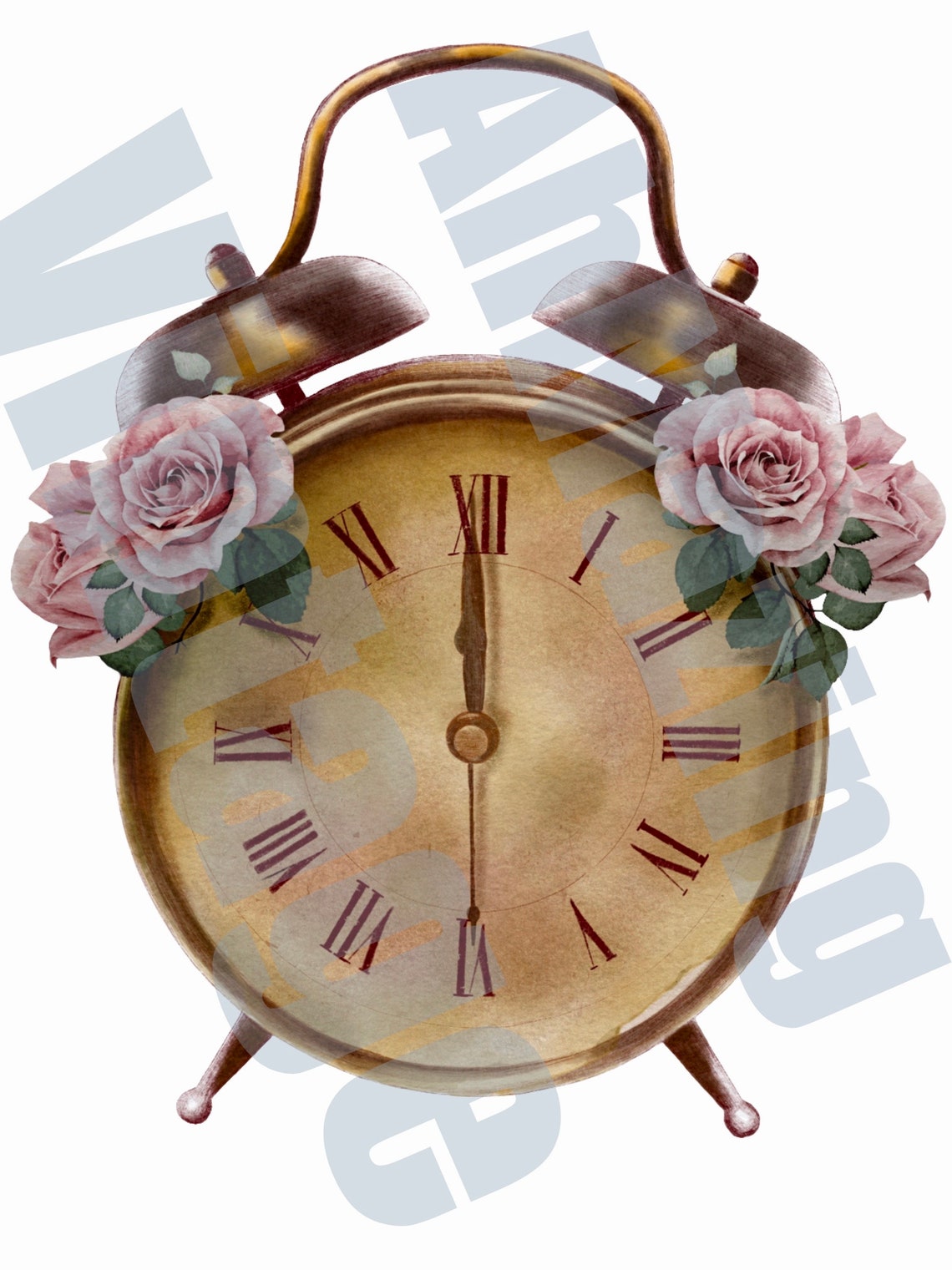 Vintage Old Alarm Clock Roses Drawing, Scrapbook, Digital Clipart ...