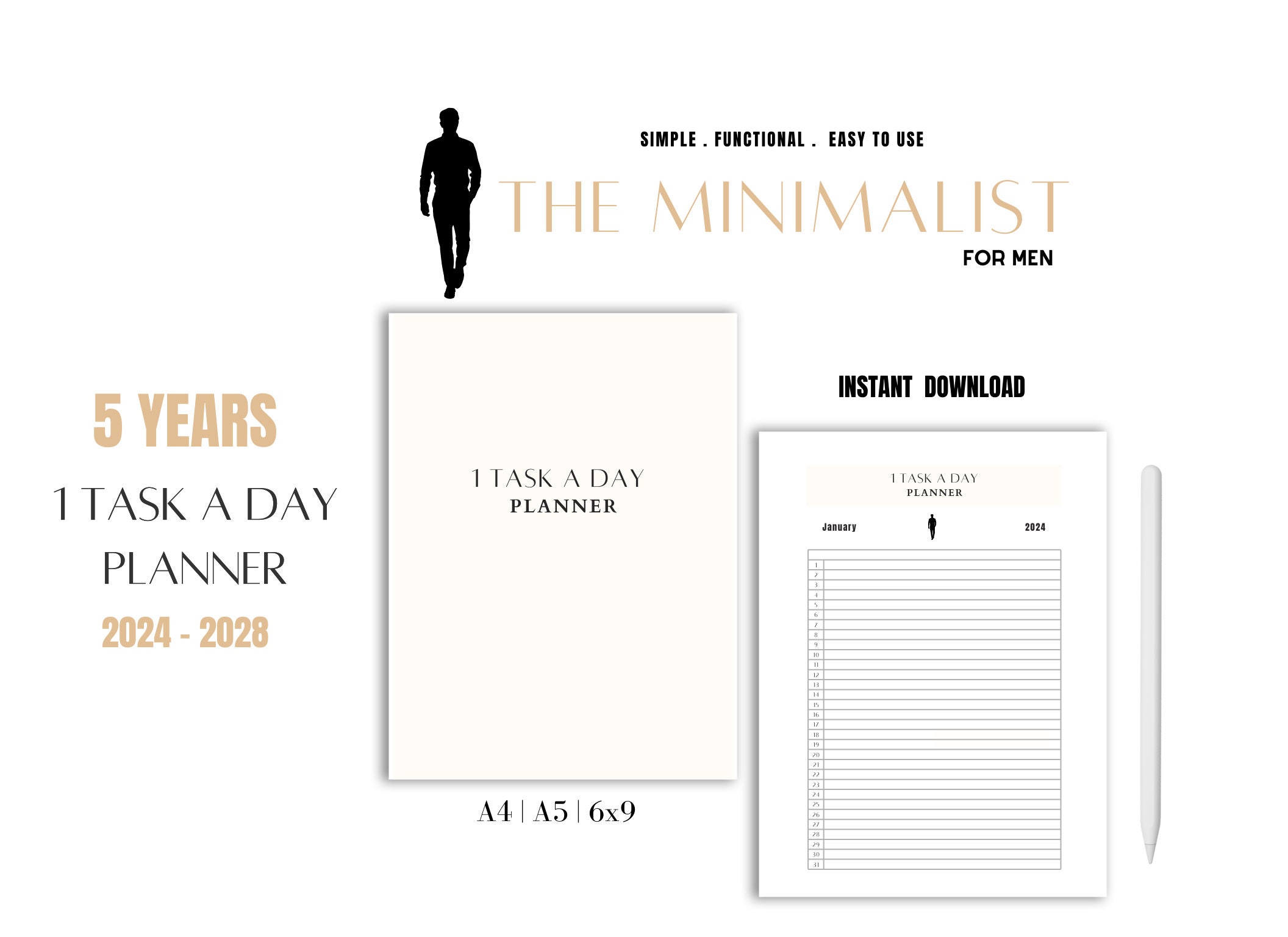 5-year Printable Minimalist One Task a Day Planner A4 - Etsy