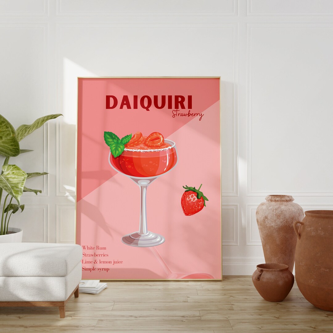 Strawberry Daiquiri Poster, Fun Alcohol Print, Cocktail Art Print ...