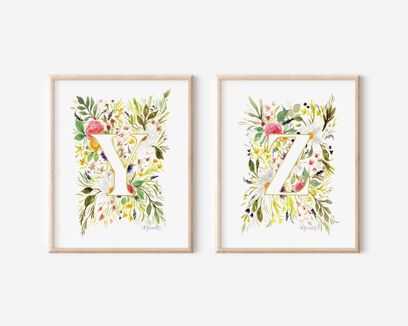 Floral Initial Print: Gold Letter, Watercolor Nursery Art - Etsy
