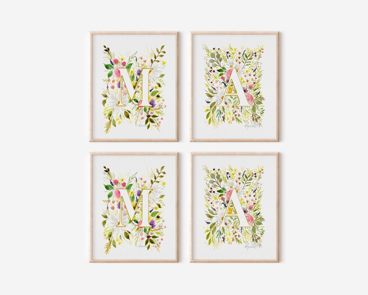 Floral Initial Print: Gold Letter, Watercolor Nursery Art - Etsy