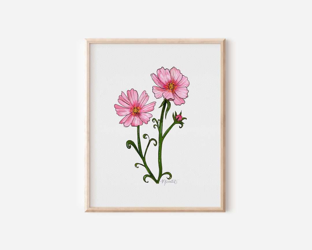 October Cosmos Flower Watercolor Birth Month Flower Botanical Art Print ...