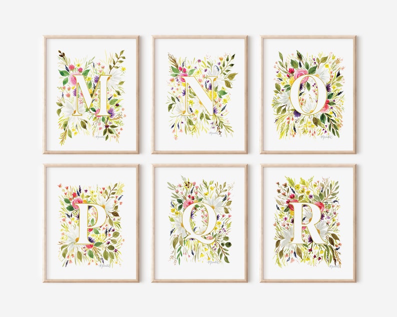Floral Initial Print: Gold Letter, Watercolor Nursery Art - Etsy