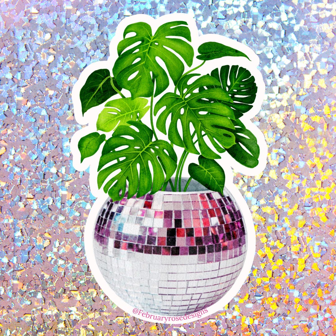 Disco Monstera Sticker, Waterproof Vinyl Sticker, Disco Ball, Plant ...
