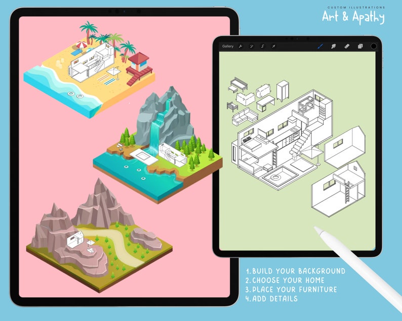Isometric Tiny House Procreate Stamps | DIY Home-building Brushes for ...