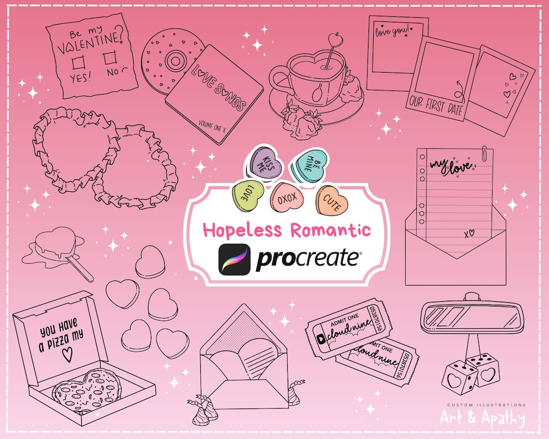 32 Hopeless Romantic Procreate Stamps | Kawaii Love Brushes for iPad ...