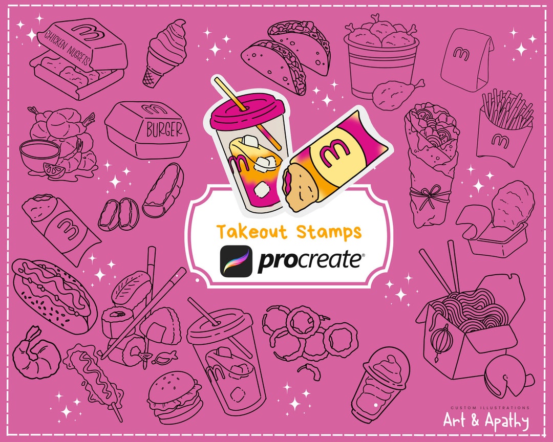 44 Takeaway Foods Procreate Stamps Cute Kawaii Take Out Digital Brushes ...