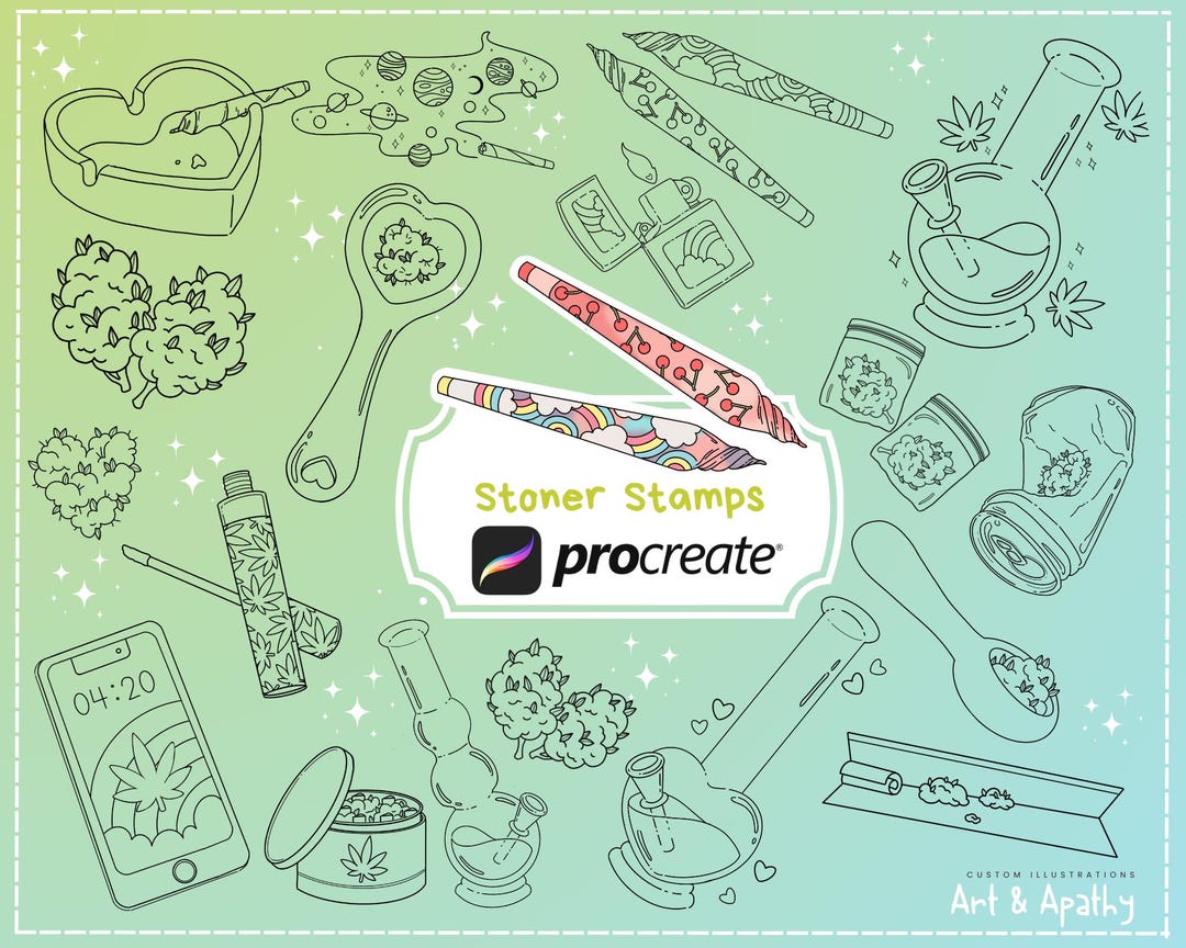 34 Weed & Stoner Procreate Stamps | Kawaii 420 Marijuana Brushes for ...