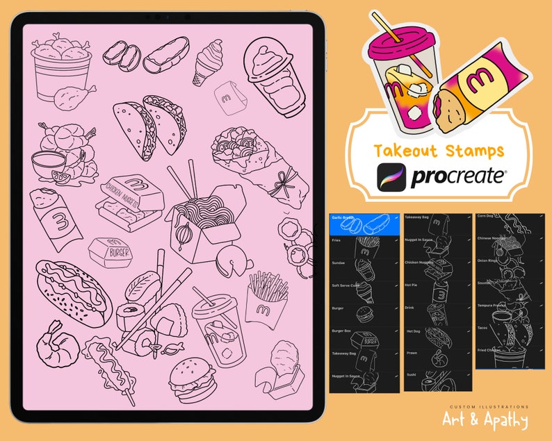 44 Takeaway Foods Procreate Stamps Cute Kawaii Take Out Digital Brushes ...