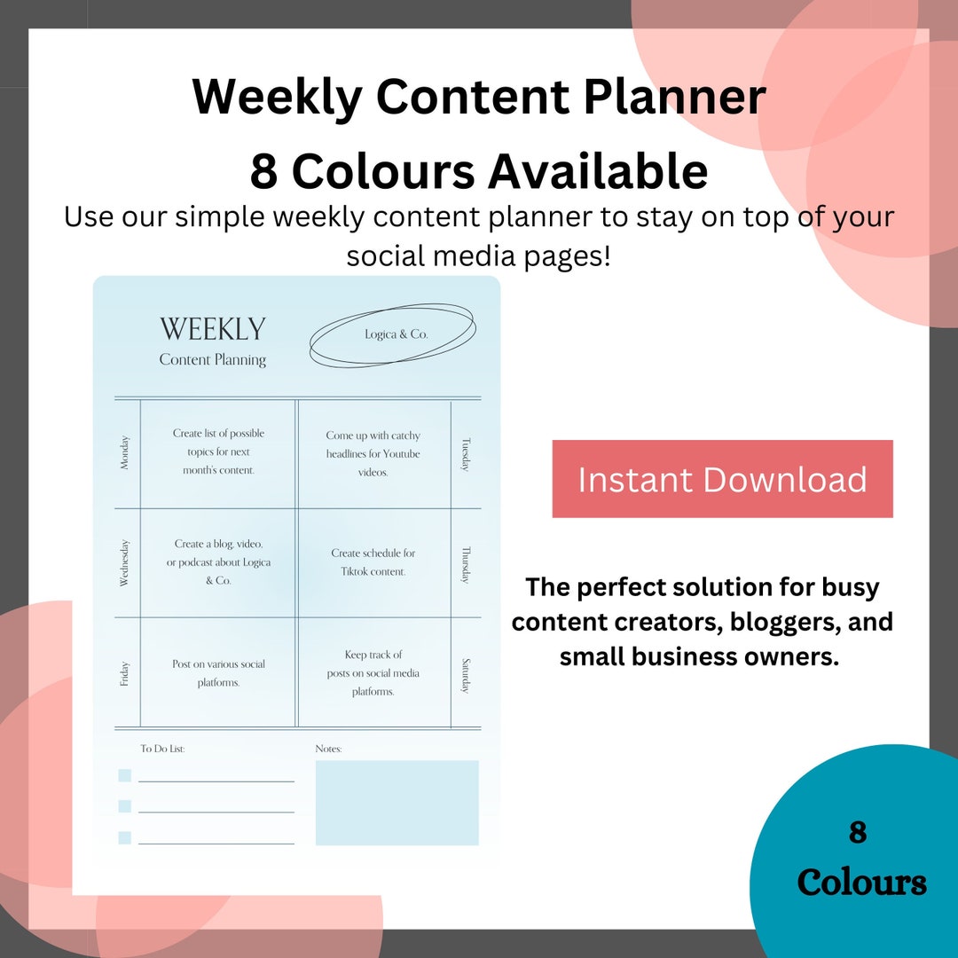 Weekly Social Media Content Planner Digital Download - Etsy