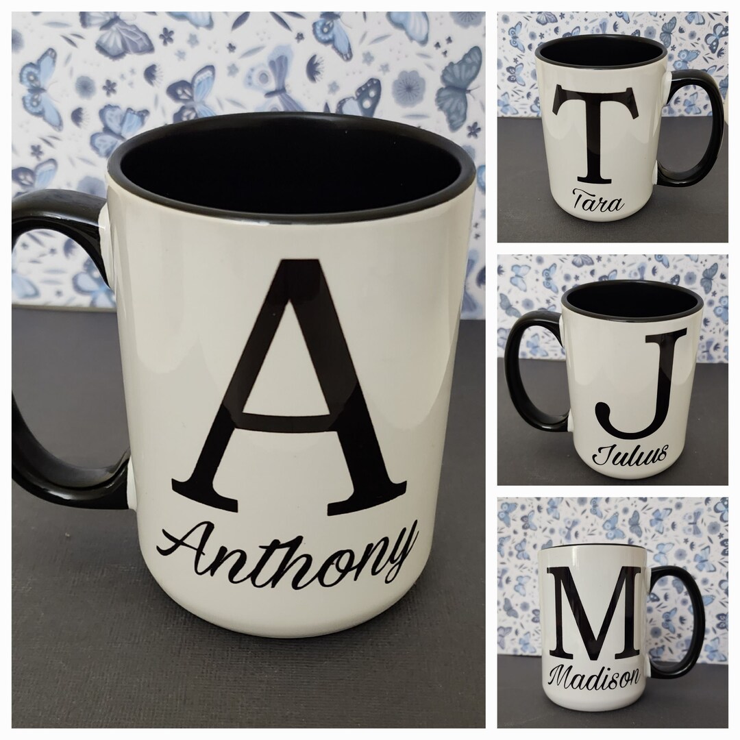 Personalized Initial Mug: Handmade 15oz Black Handle Coffee Mug - Etsy
