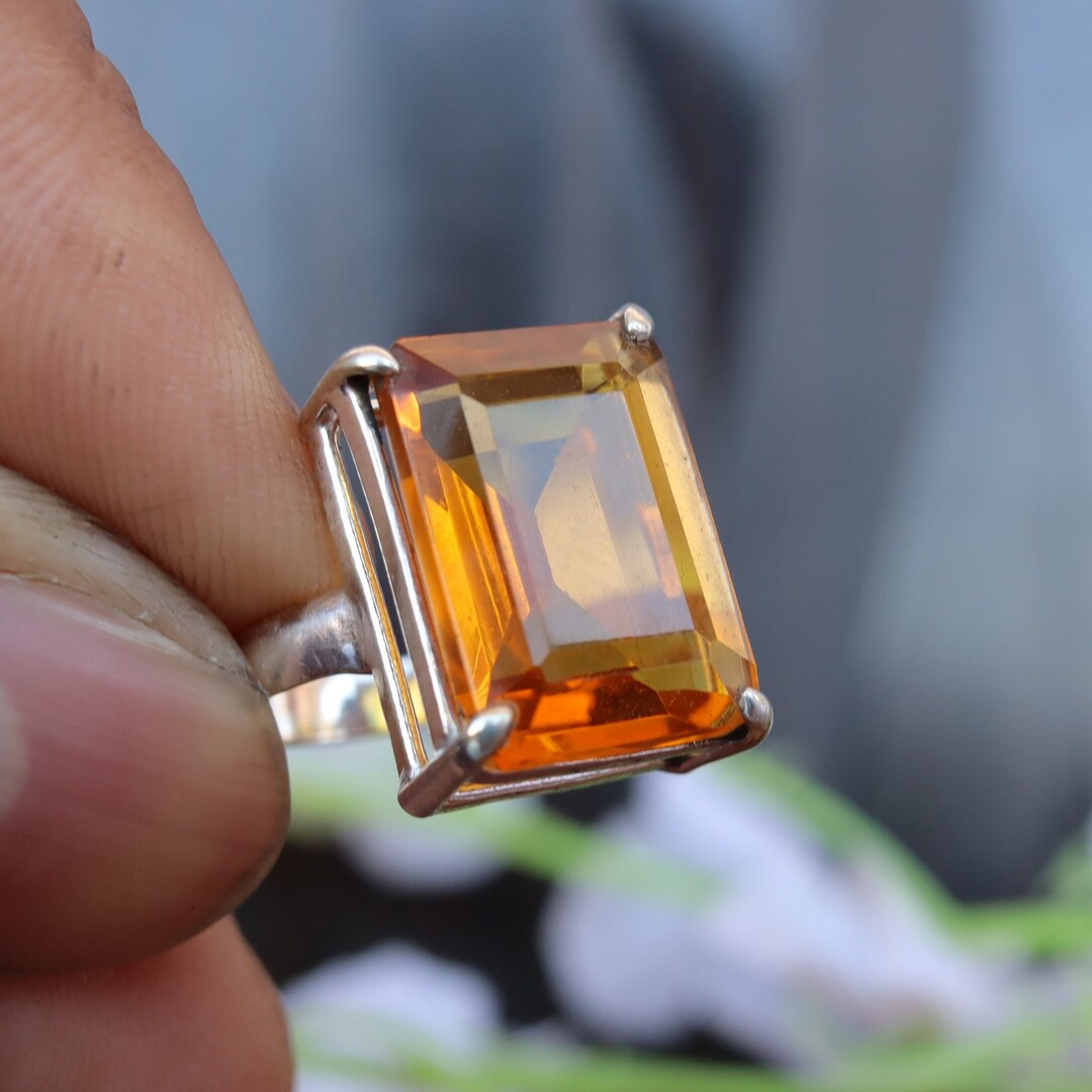 November Birthstone Signet Ring, Citrine Ring, Emerald Cut Orange ...