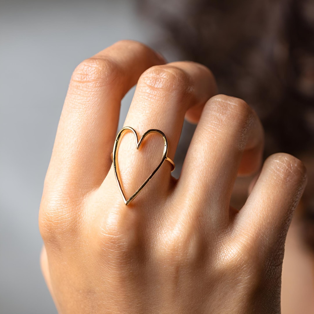 Gold Heart Ring, Big Gold Heart Ring, Pointer Finger Ring, Big Hollow ...