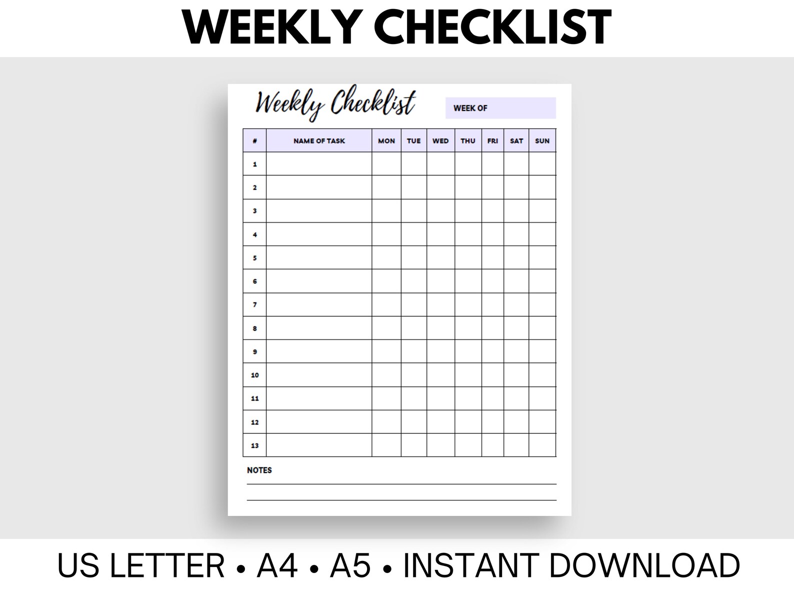 Weekly Checklist, Printable Checklist, Weekly Tasks, To-do List, Goal ...