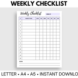 Weekly Checklist, Printable Checklist, Weekly Tasks, To-do List, Goal ...