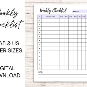 Weekly Checklist, Printable Checklist, Weekly Tasks, To-do List, Goal ...